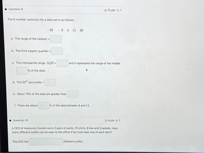 Solved The 5-number summary for a data set is as follows: | Chegg.com