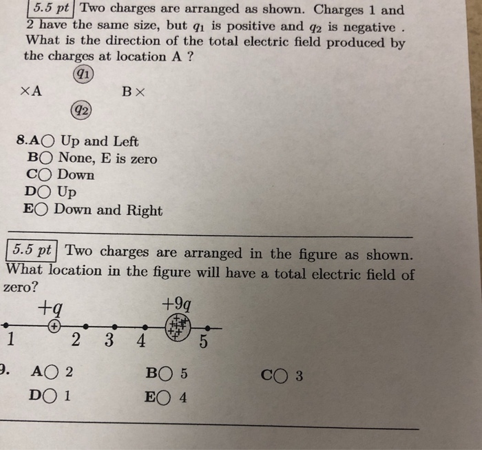 Solved 5.5 pt Two charges are arranged as shown. Charges 1 | Chegg.com