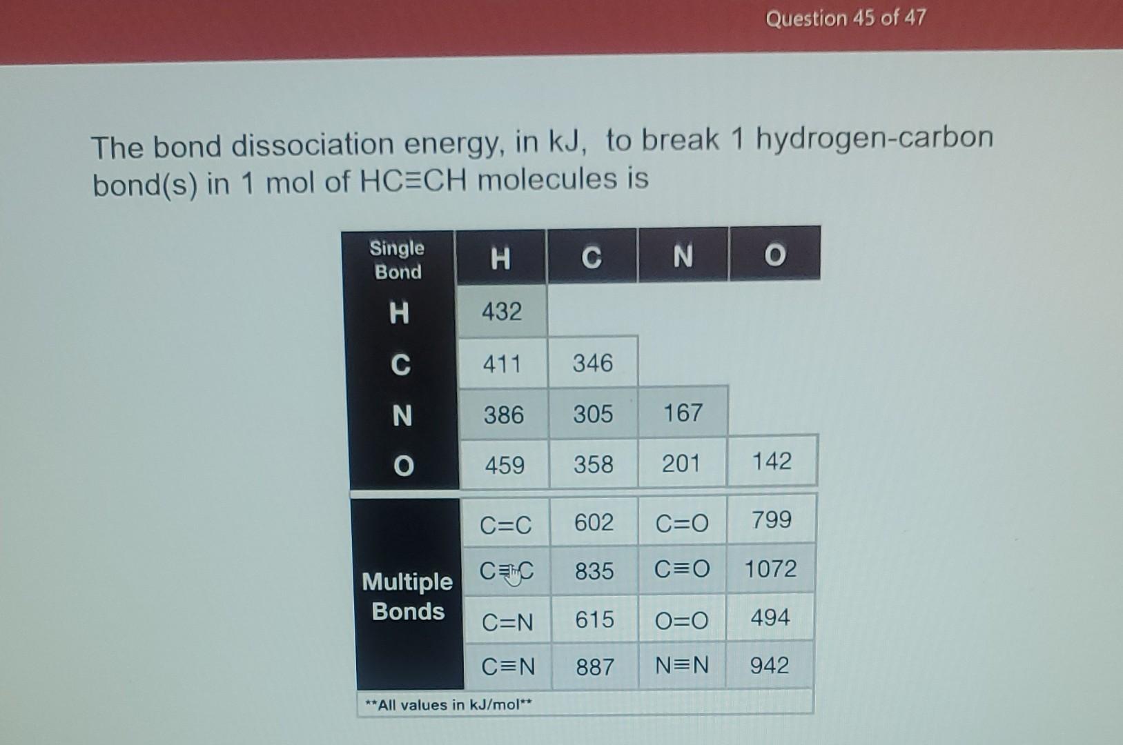 Solved The bond dissociation energy, in kJ, to break 1 | Chegg.com