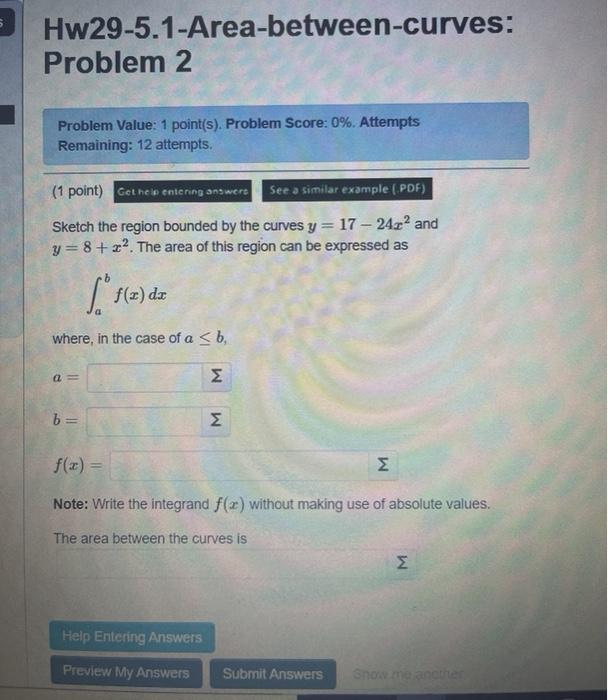 Solved Hw29-5.1-Area-between-curves: Problem 2 Problem | Chegg.com