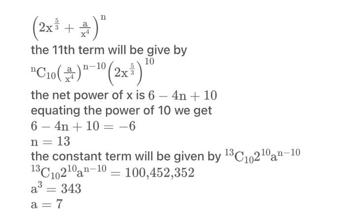 Solved 1. In the expansion of (2x53+x4a)n in ascending | Chegg.com