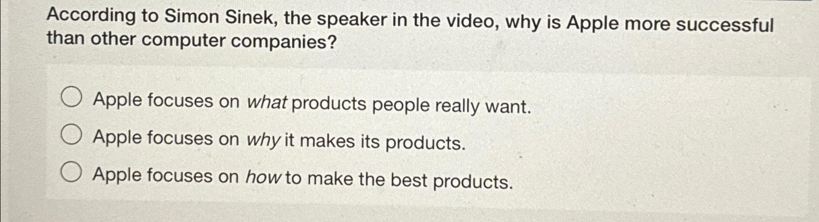 Solved According to Simon Sinek, the speaker in the video, | Chegg.com