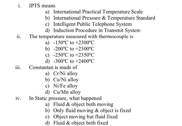 Solved i. ii. IPTS means a) International Practical | Chegg.com