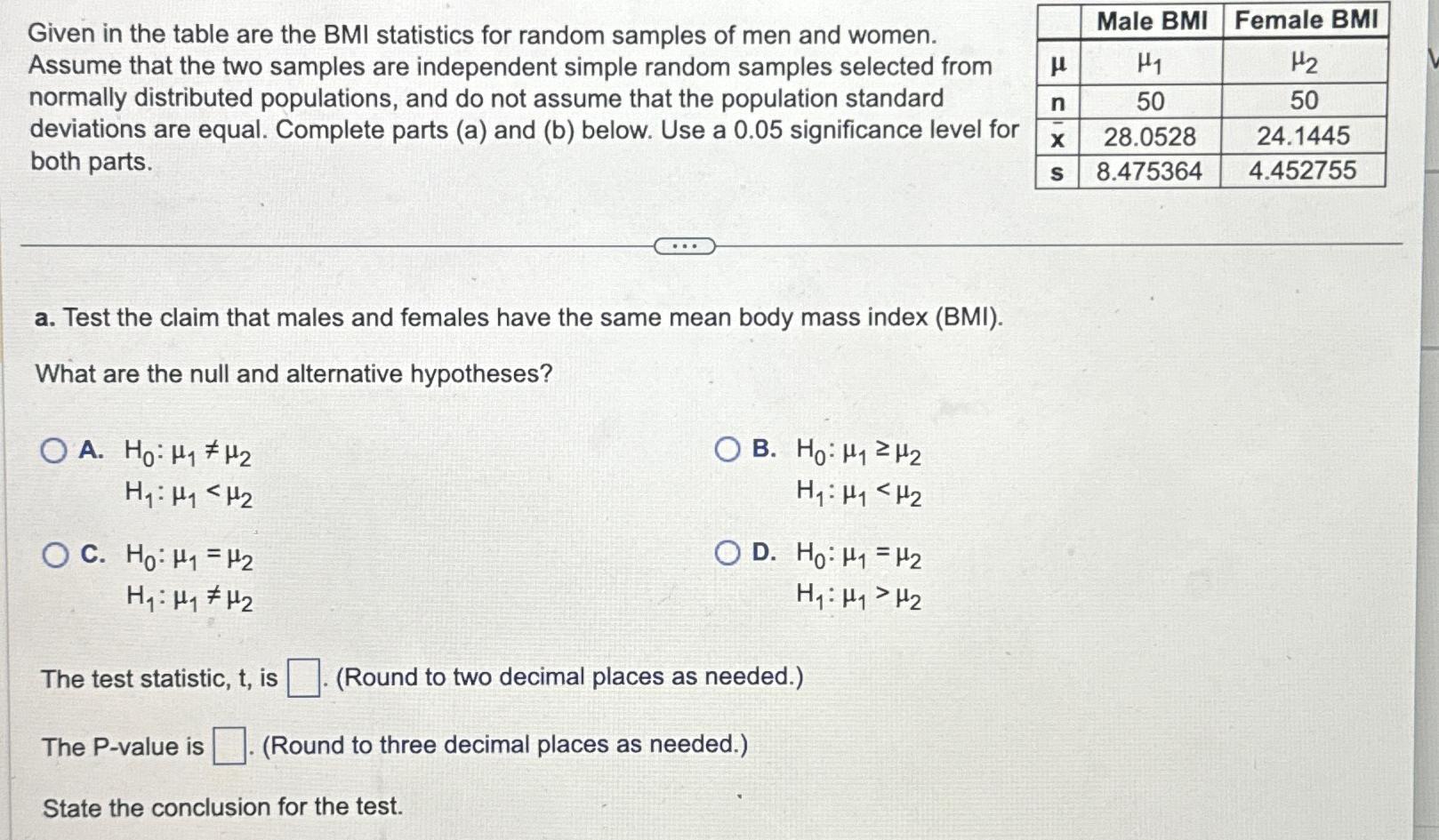 Solved Given in the table are the BMI statistics for random | Chegg.com
