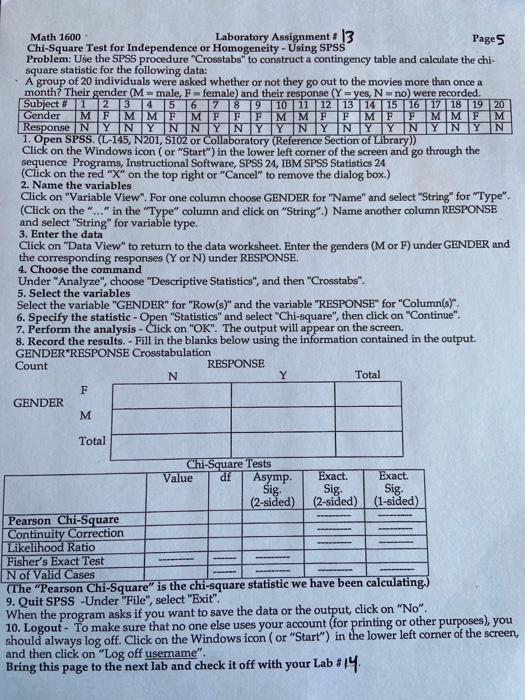 Solved Math 1600 Laboratory Assignment: 13 Page 5 Chi-Square | Chegg.com