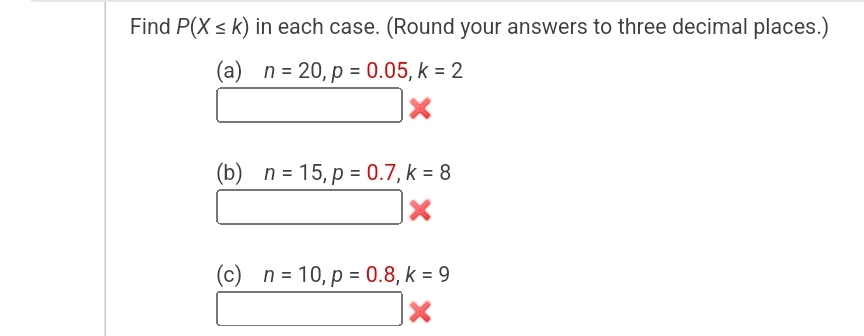 Solved Find P(x≤k) ﻿in each case. (Round your answers to | Chegg.com