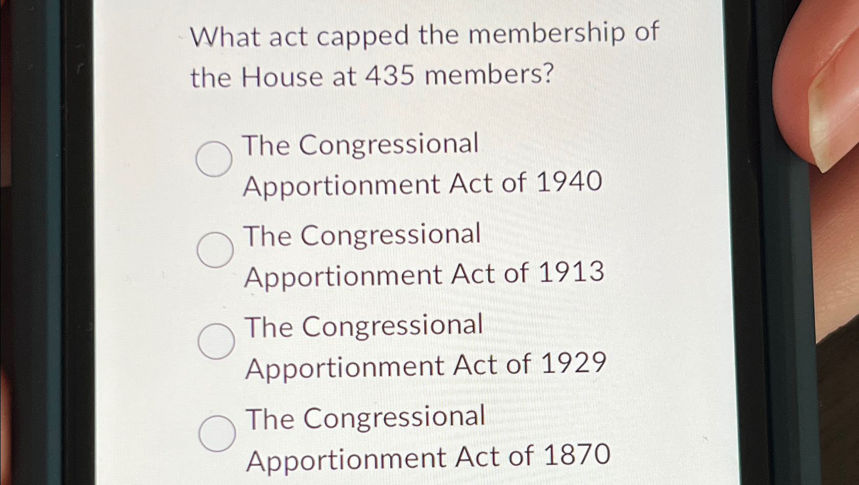 Solved What act capped the membership of the House at 435 | Chegg.com