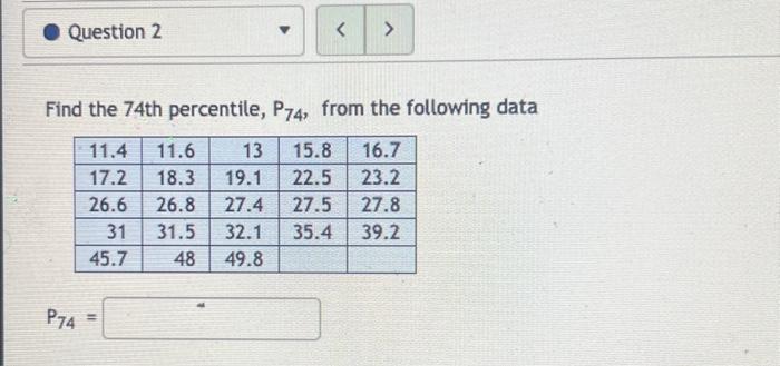 Solved Question 2 Find the 74th percentile, P74, from the | Chegg.com