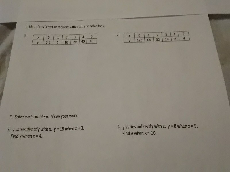 Solved 1. Identify as Direct or indirect Variation, and | Chegg.com