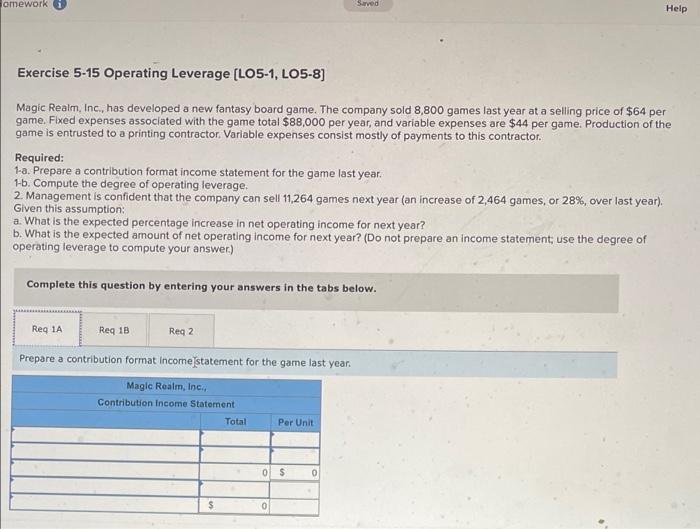 Solved omework Exercise 5-15 Operating Leverage [LO5-1, | Chegg.com