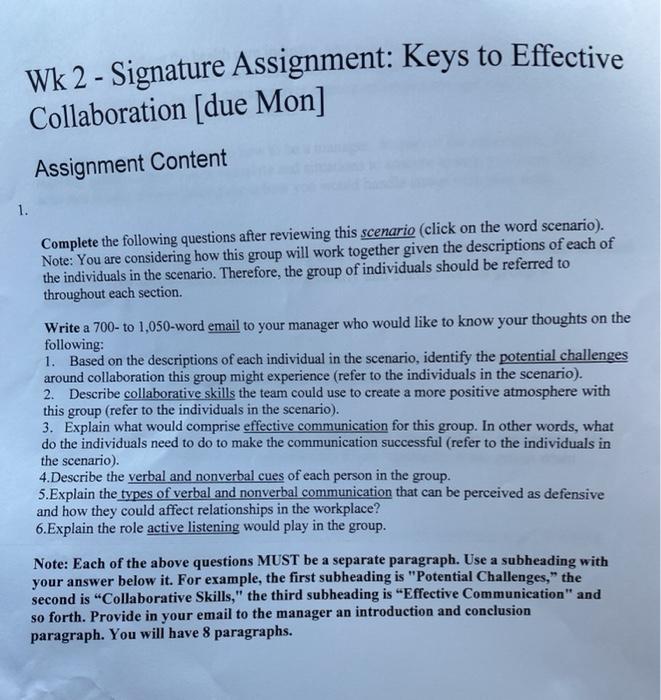 Wk 2 - Signature Assignment: Keys to Effective | Chegg.com