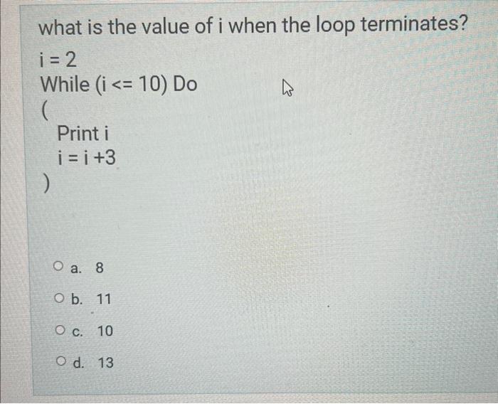 Solved what is the value of i when the loop terminates? i=2 | Chegg.com Solved what is the value of i when the loop terminates? i=2 | Chegg.com