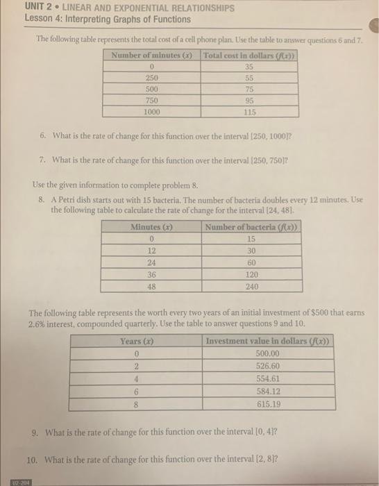 Solved UNIT 2 • LINEAR AND EXPONENTIAL RELATIONSHIPS Lesson | Chegg.com