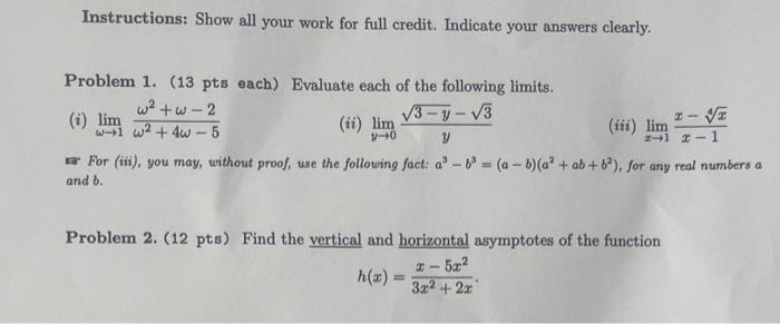 Solved Instructions: Show all your work for full credit. | Chegg.com