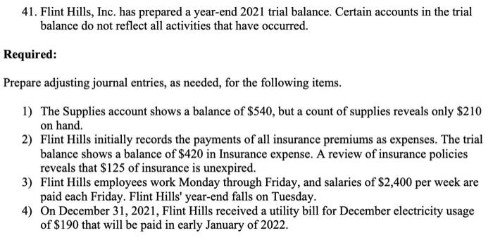 Solved 41. Flint Hills, Inc. has prepared a year-end 2021 | Chegg.com