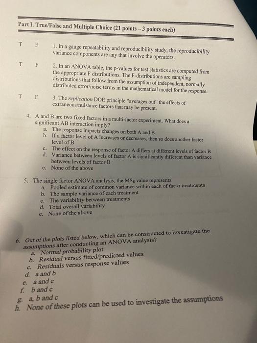 Solved Part 1. True/False and Multiple Choice (21 points - 3 | Chegg.com