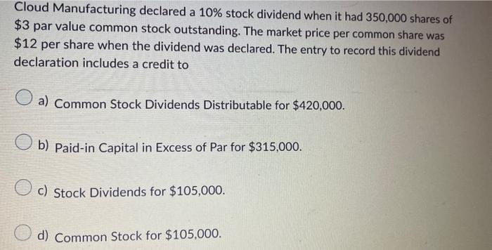 Solved Cloud Manufacturing declared a 10% stock dividend | Chegg.com