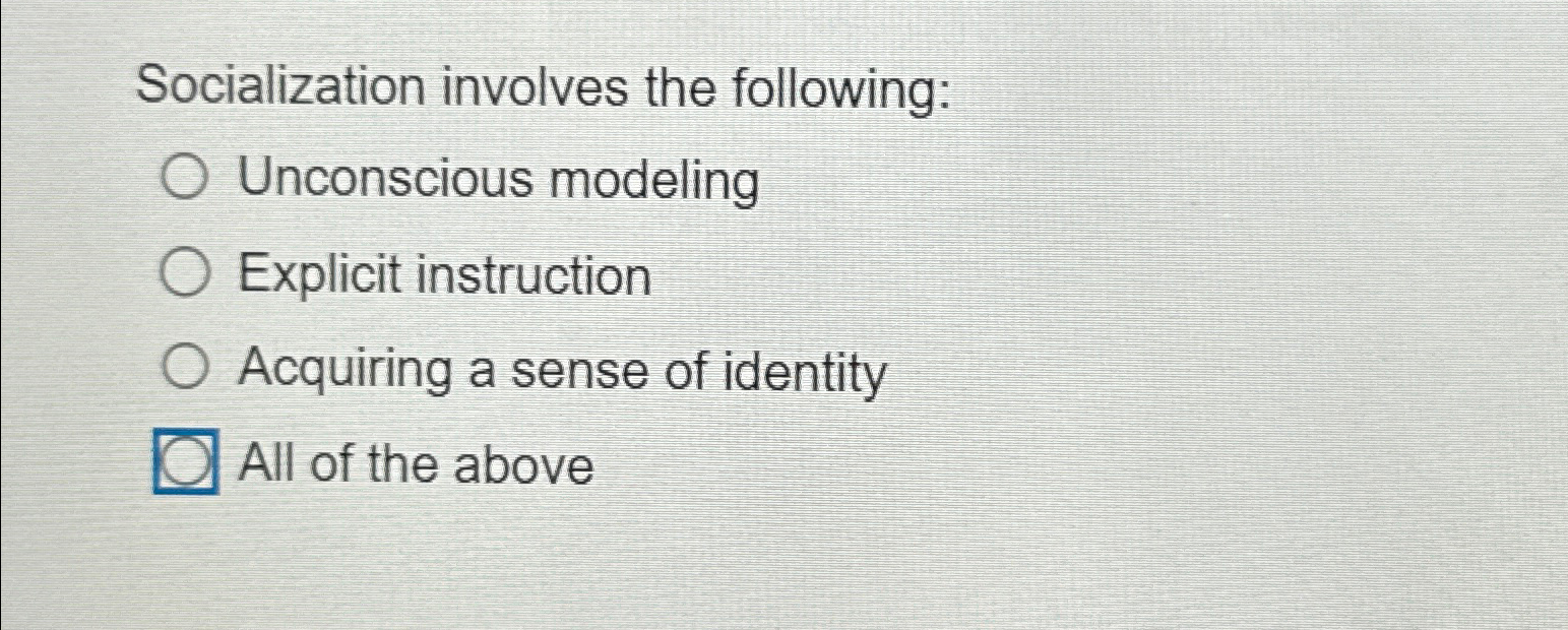 Solved Socialization involves the following:Unconscious | Chegg.com