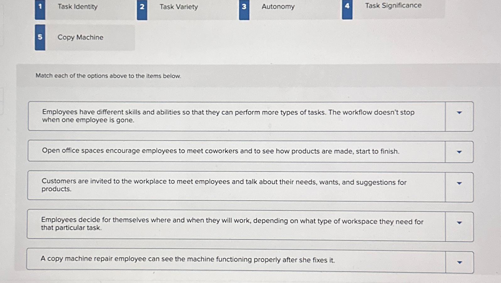 Solved 1 ﻿Task Identity2 ﻿Task Variety3AutonomyTask | Chegg.com