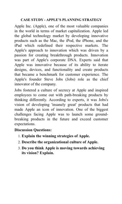 Solved CASE STUDY - APPLE'S PLANNING STRATEGY Apple Inc. | Chegg.com
