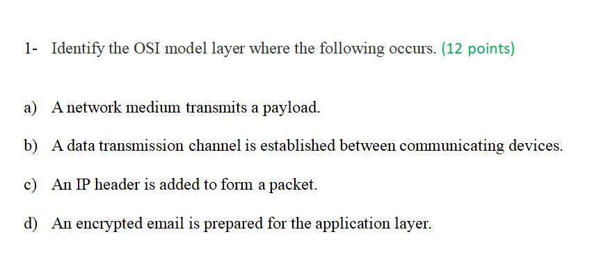 Solved 1- ﻿Identify the OSI model layer where the following | Chegg.com