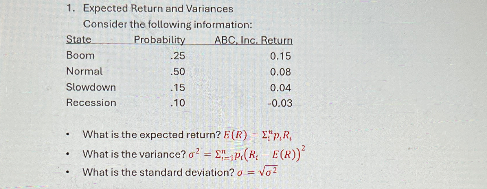 Solved Expected Return and VariancesConsider the following | Chegg.com