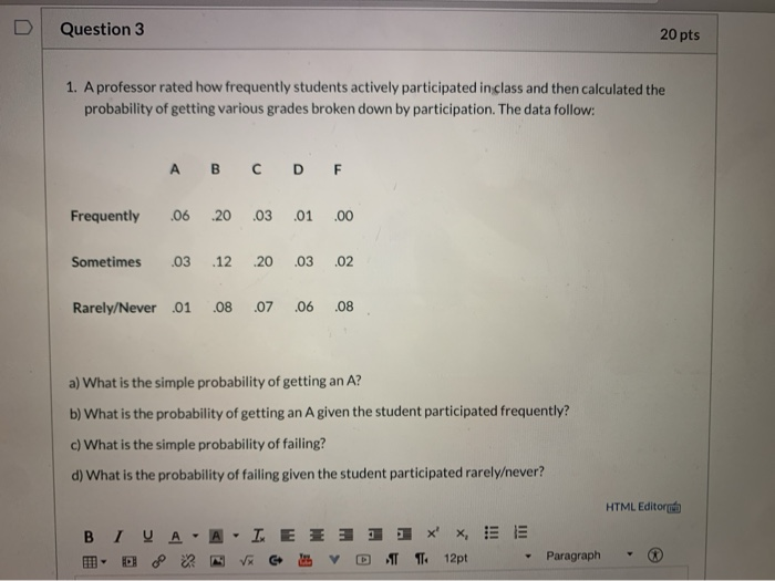 Solved Question 3 20 pts 1. A professor rated how frequently | Chegg.com