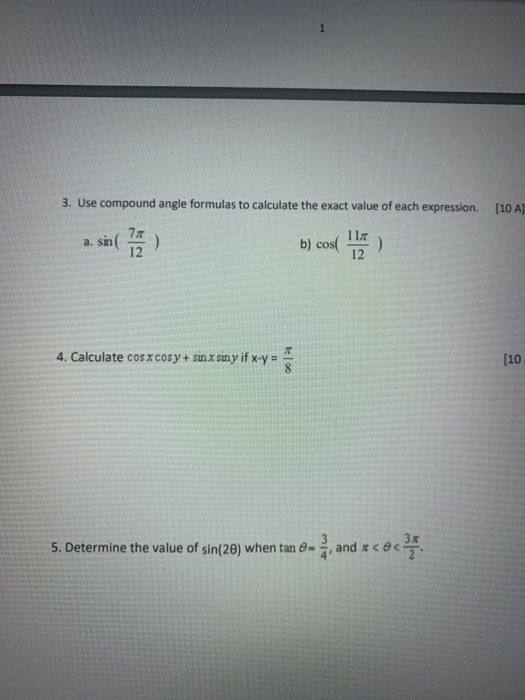 Solved 3. Use compound angle formulas to calculate the exact | Chegg.com