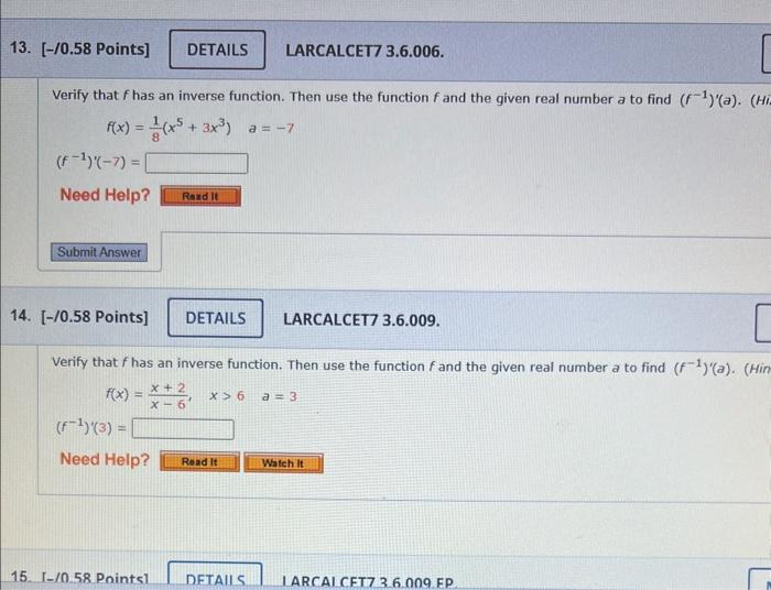 Solved Verify that f has an inverse function. Then use the | Chegg.com