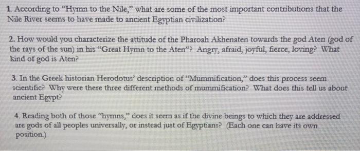 Solved 1. According to "Hymn to the Nile," what are some of | Chegg.com