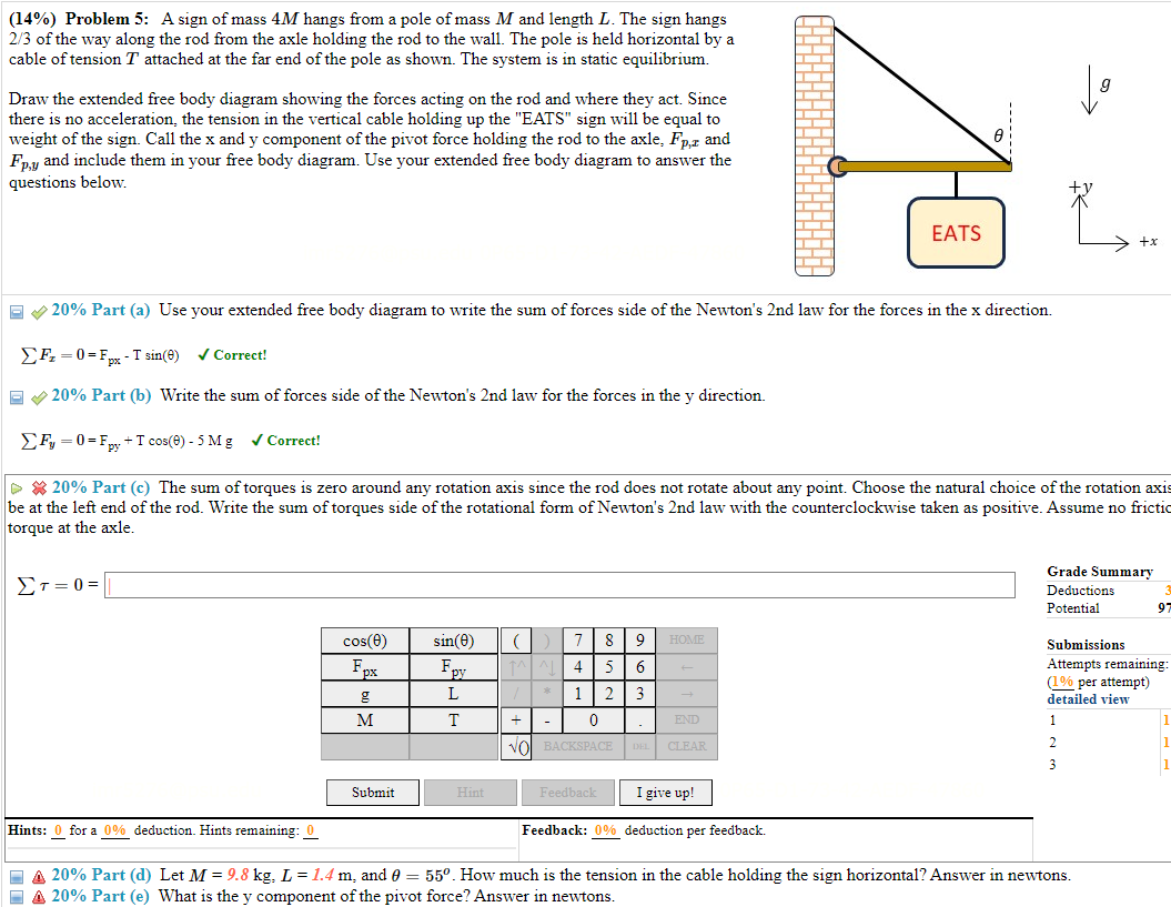 Solved A sign of mass 4M hangs from a pole of mass M and | Chegg.com