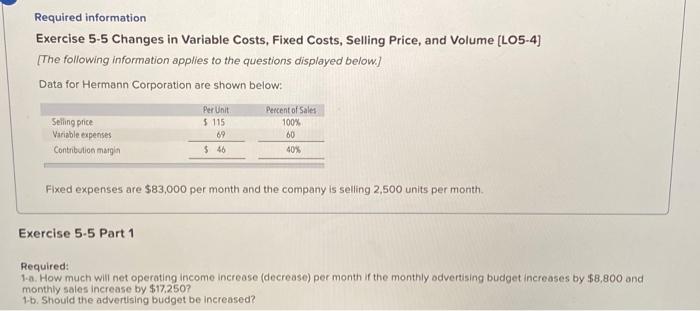 Solved Required information Exercise 5-5 Changes in Variable | Chegg.com