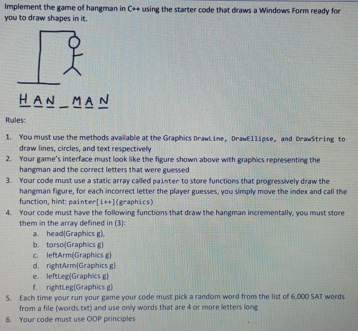 Solved Implement the game of hangman in C++ using the | Chegg.com