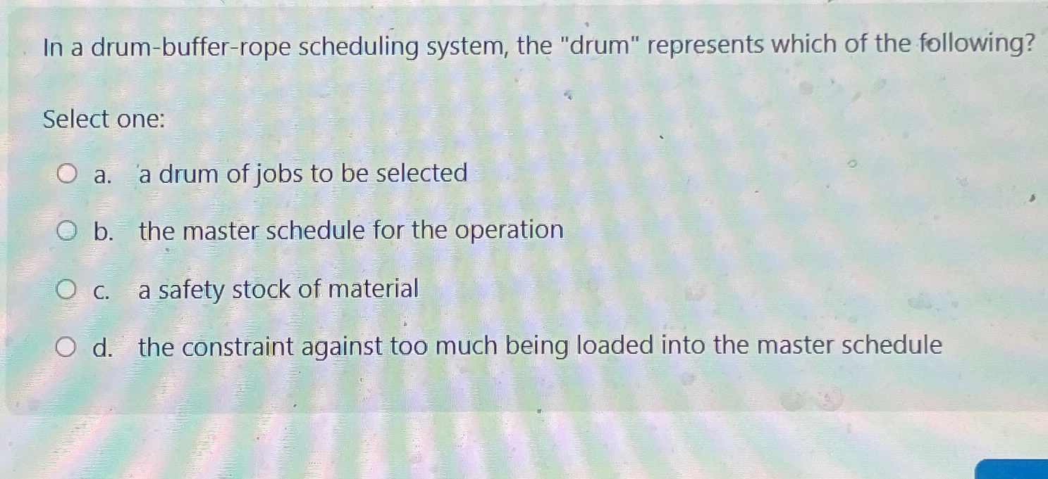 Solved In a drum-buffer-rope scheduling system, the "drum" | Chegg.com