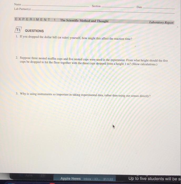 Solved Name Lab Partner(s) Section Date EXPERIMENT 1 The | Chegg.com