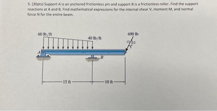 Solved 5. (30pts) Support A is an anchored frictionless pin | Chegg.com