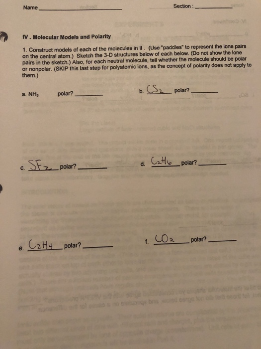 Solved Name Section : IV. Molecular Models and Polarity 1. | Chegg.com