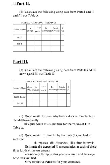 (3) Calculate the following using data from Parts I | Chegg.com