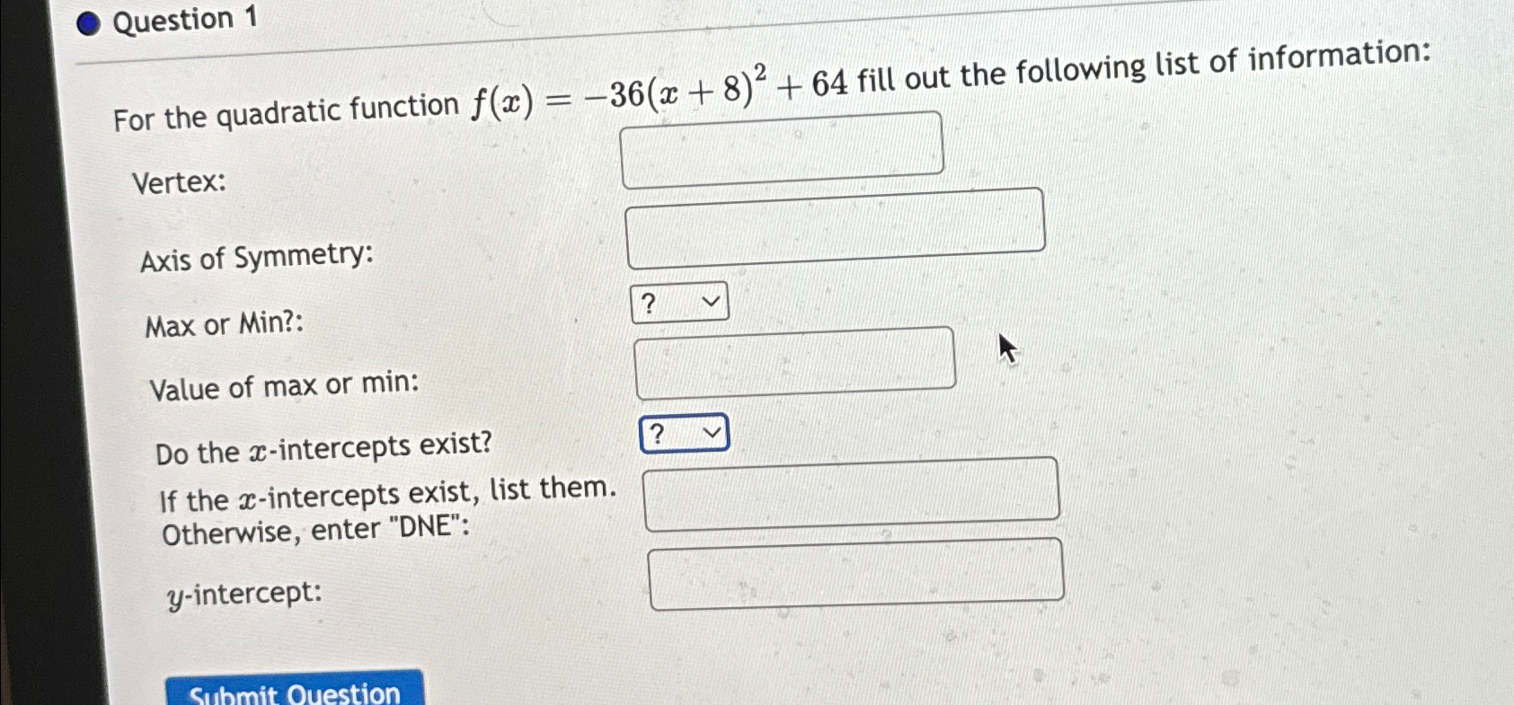 Solved Question 1For the quadratic function | Chegg.com