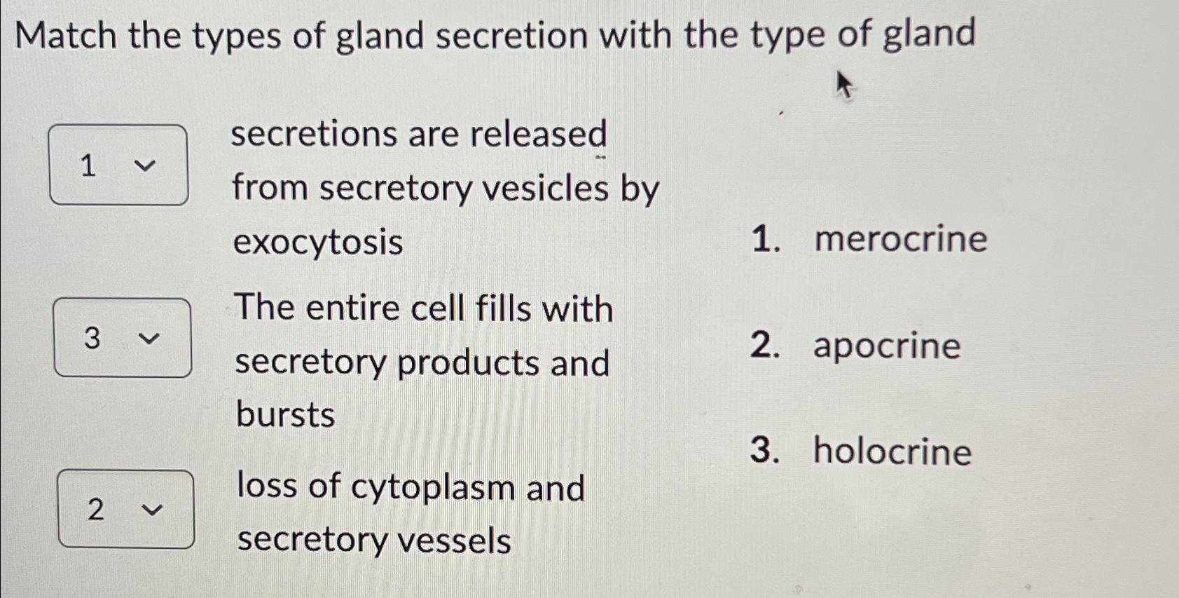 Solved Match the types of gland secretion with the type of | Chegg.com