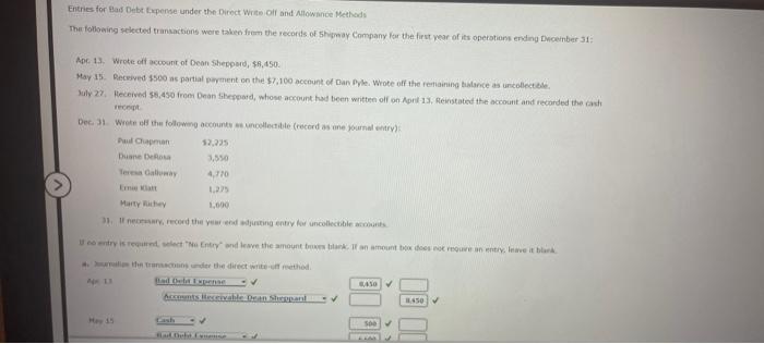 Solved Entries for Bad Debt Expense under the Direct Write | Chegg.com