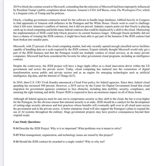 Solved Case Study: Project JEDI: A Cloud of Controversy Most | Chegg.com