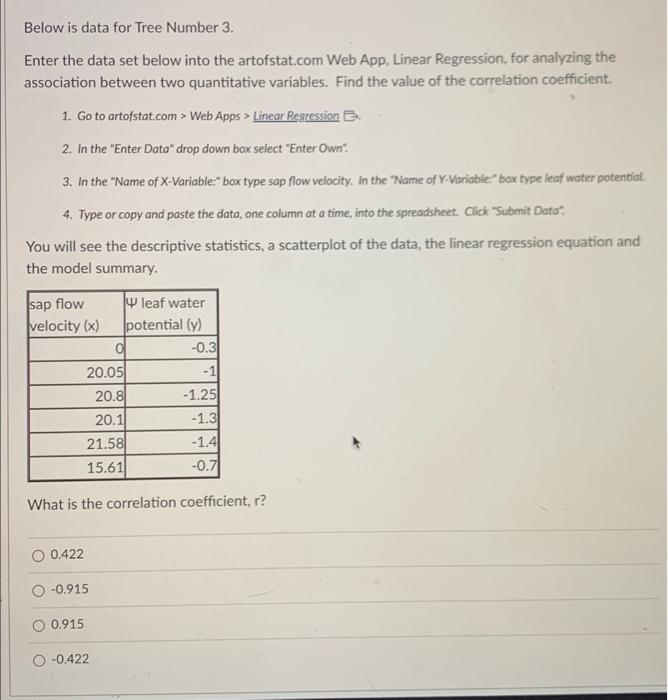 Solved Below is data for Tree Number 3. Enter the data set | Chegg.com