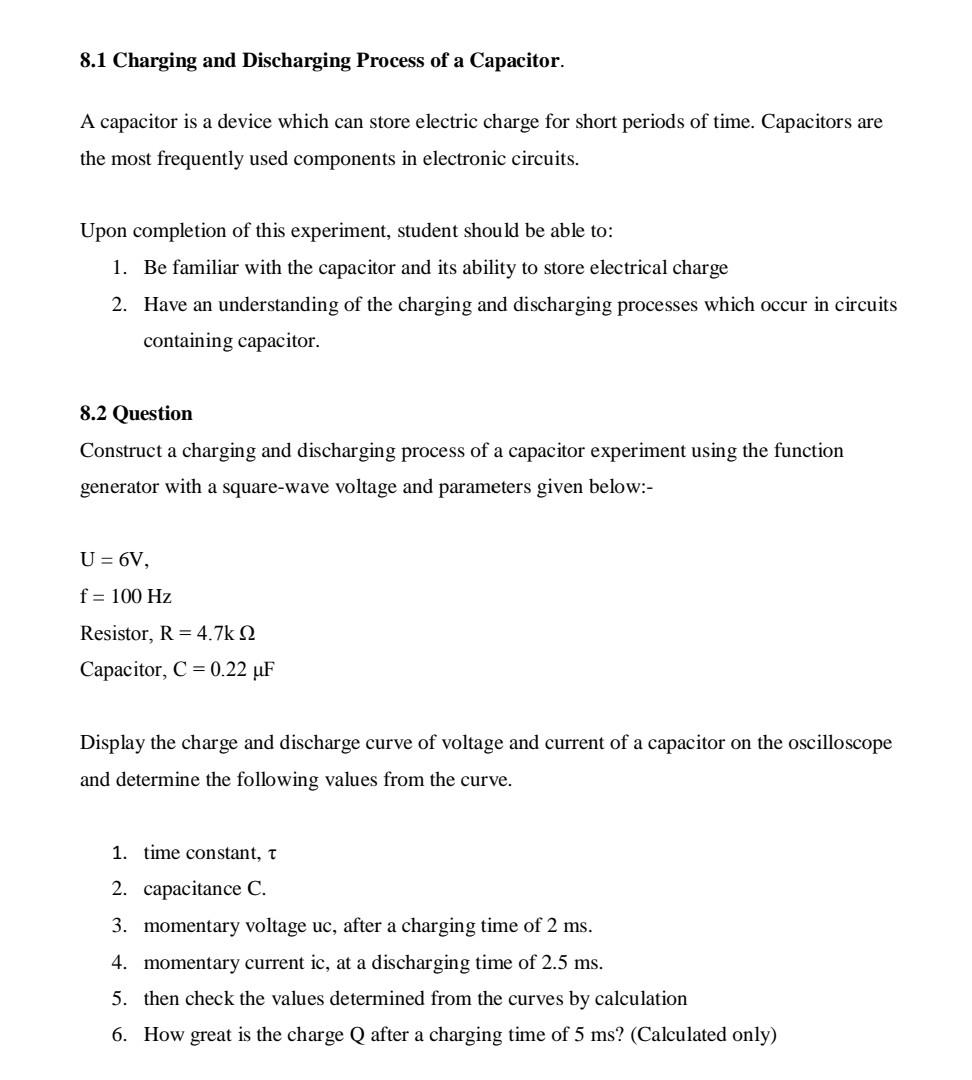 Solved 8.1 Charging and Discharging Process of a Capacitor. | Chegg.com
