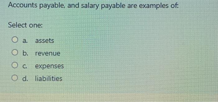 Solved Accounts payable, and salary payable are examples of: | Chegg.com