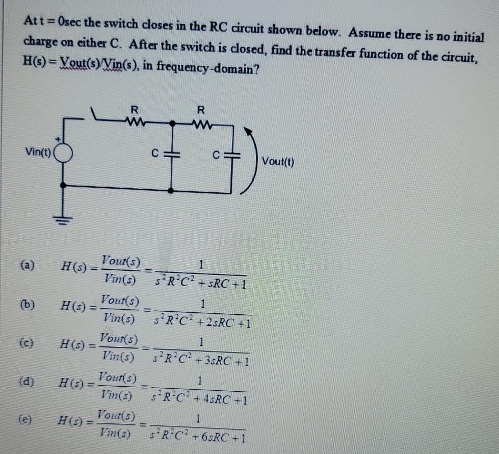 Solved Att=0sec the switch closes in the RC circuit shown | Chegg.com