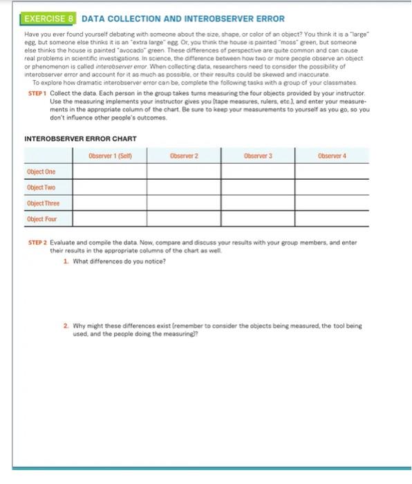 EXERCISE 8 DATA COLLECTION AND INTEROBSERVER ERROR | Chegg.com