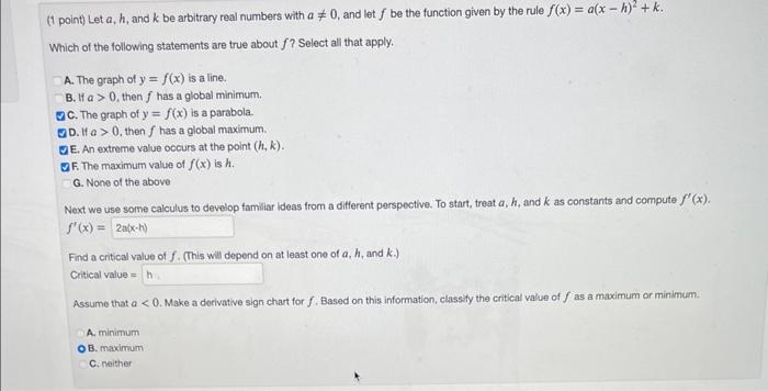 Solved (1 point) Let a,h, and k be arbitrary real numbers | Chegg.com