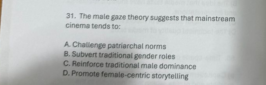 Solved The male gaze theory suggests that mainstream cinema | Chegg.com