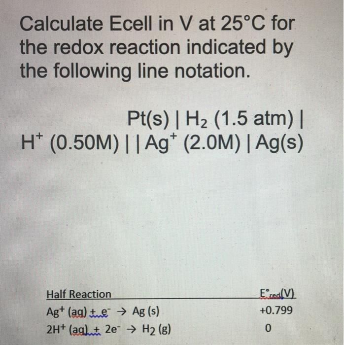 Solved Calculate Ecell in V at 25°C for the redox reaction | Chegg.com